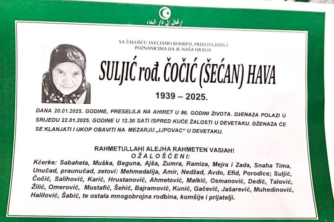 Preminula je još jedna srebrenička majka, Hava Suljić: U genocidu joj ...