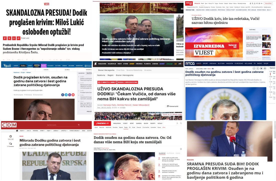 Kako su mediji iz regije prenijeli vijest o presudi Suda BiH Miloradu Dodiku?
