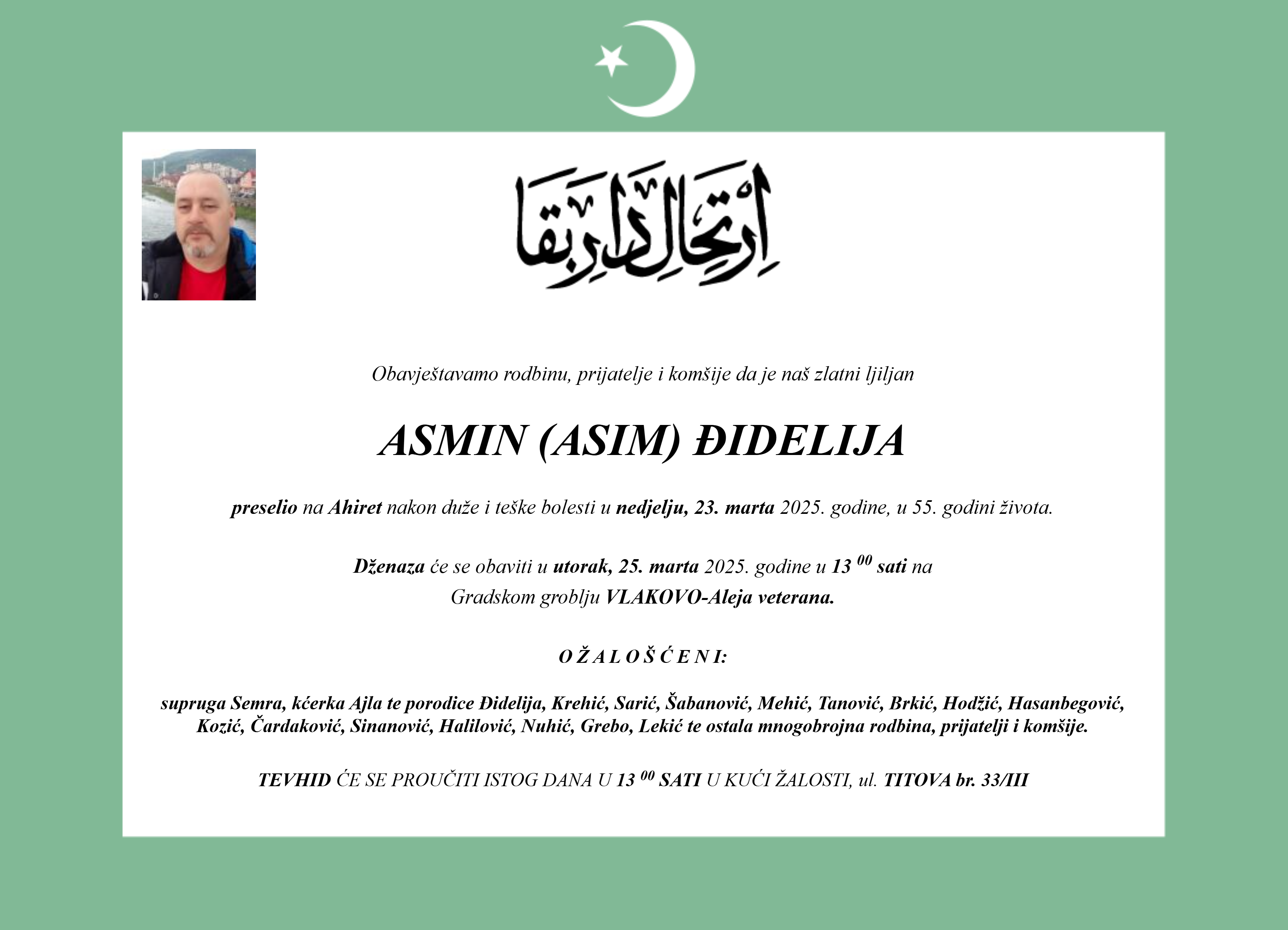 U 55. godini preminuo "Zlatni ljiljan" Asmin Đidelija, sutra dženaza