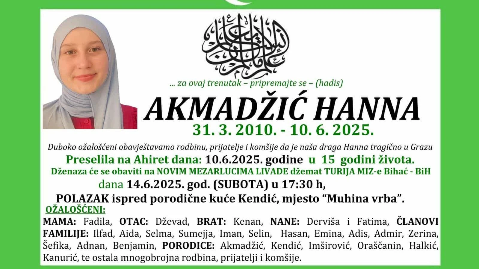 Sutra dženaza 15-godišnjoj Hanni Akmadžić koja je ubijena u masakru u Grazu